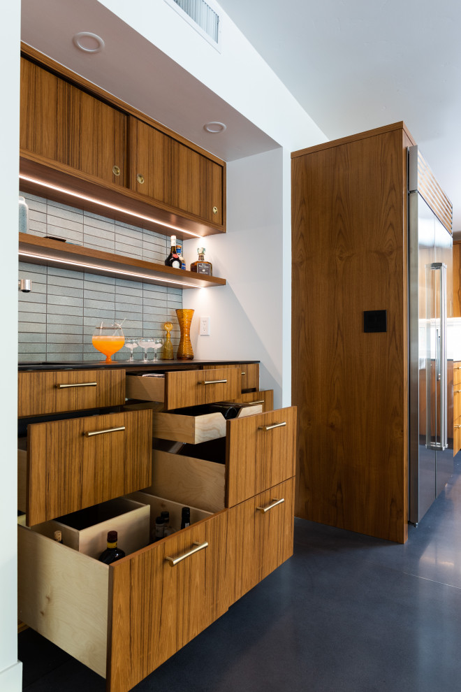 Dark Concrete Kitchen Floors with Warm Teak Cabinets - Kitchen ...