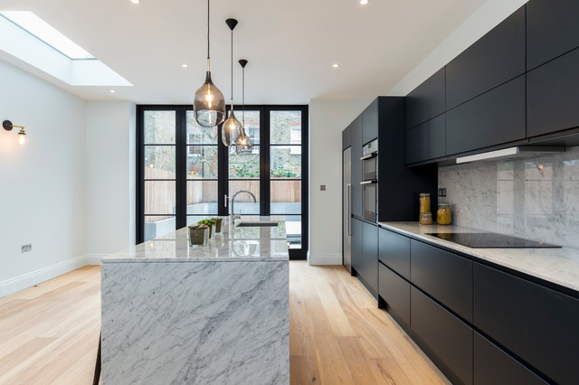 Dark Grey Modern Kitchen with Marble Effect Worktops - Modern - Kitchen ...