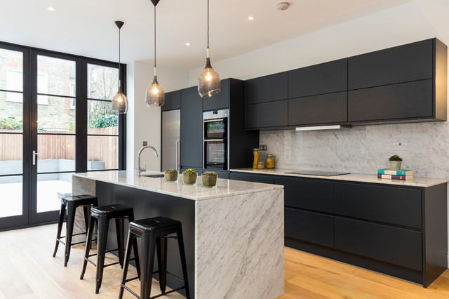 Dark Grey Modern Kitchen with Marble Effect Worktops - Modern - Kitchen ...