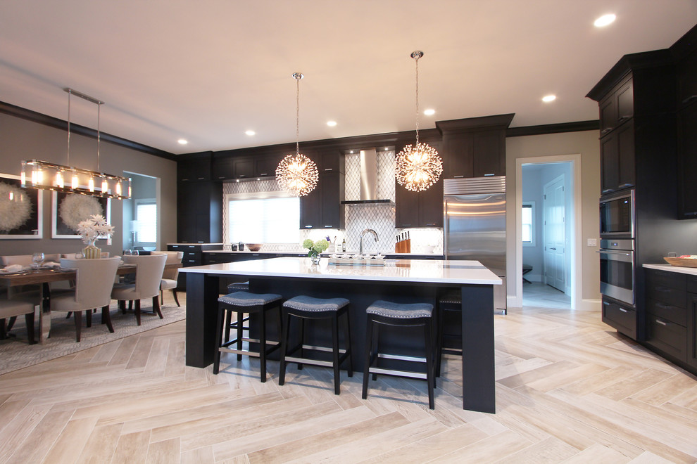 Dark Stained Cabinets in Kitchen with Herringbone Wood Floors ...