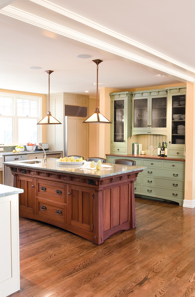 Dark Wood Kitchen Island and Custom Serving Buffet Hutch - Traditional ...