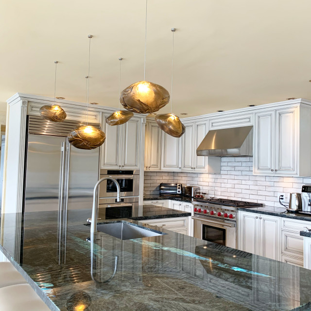 Elegant Antique White Cabinets with Natural Stone Countertop ...