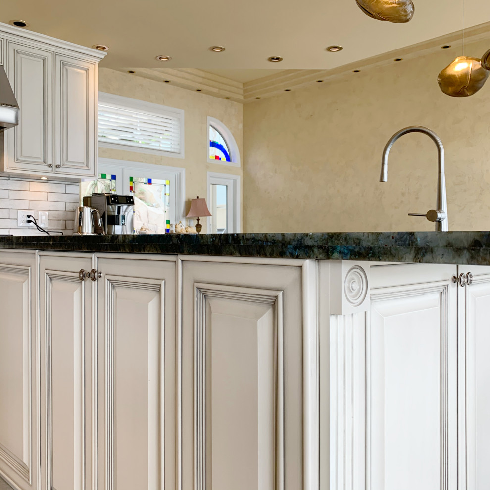 Elegant Antique White Cabinets with Natural Stone Countertop ...