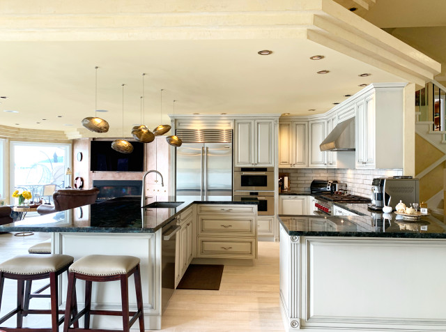Elegant Antique White Cabinets with Natural Stone Countertop ...