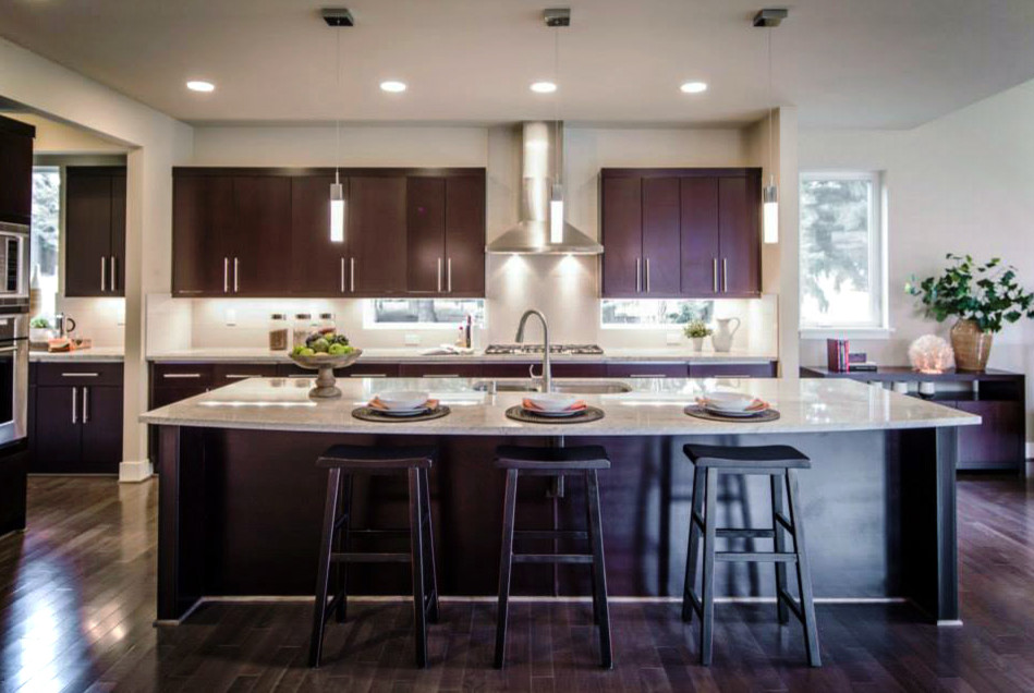 Espresso Flat Panel Cabinets with Bianco Typhoon 3CM Granite - Modern ...