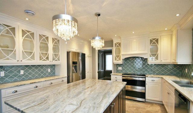 Fantasy Brown Quartzite Countertops with Blue Glass Backsplash - Fusion ...