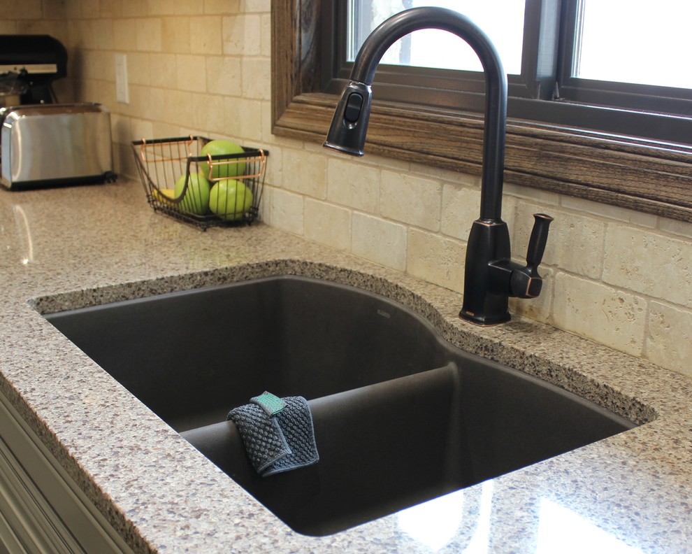 Farmhouse kitchen Taupe Painted Cabinets,Quartz Tops, and Dark Island ...