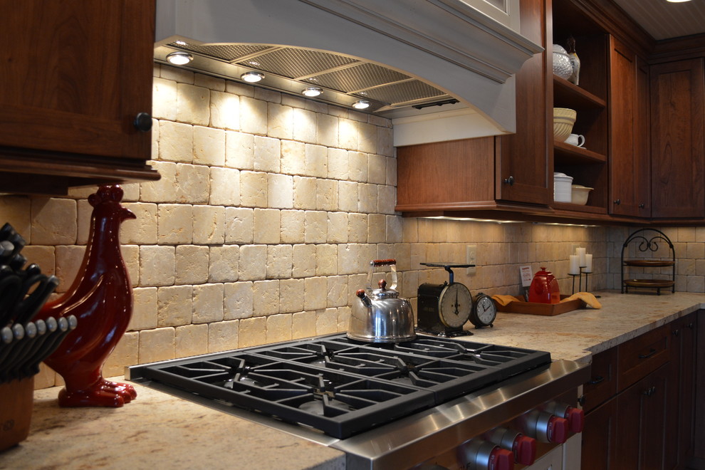 Farmhouse-style Kitchen stone counter and backsplash - Farmhouse ...