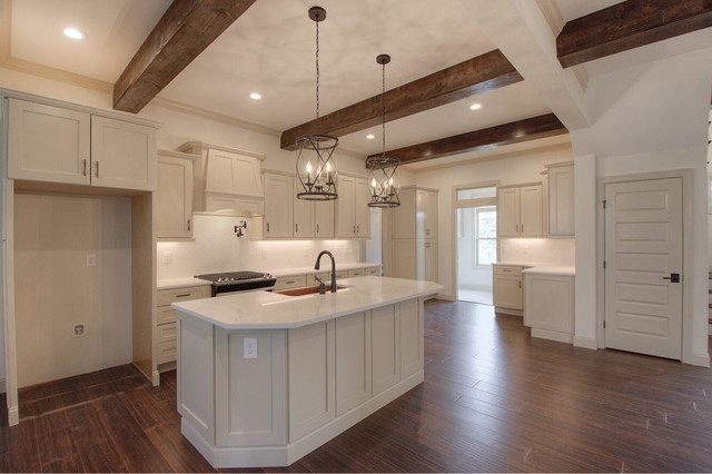 Farmhouse White Kitchen with Exposed Beams - Country - Kitchen ...