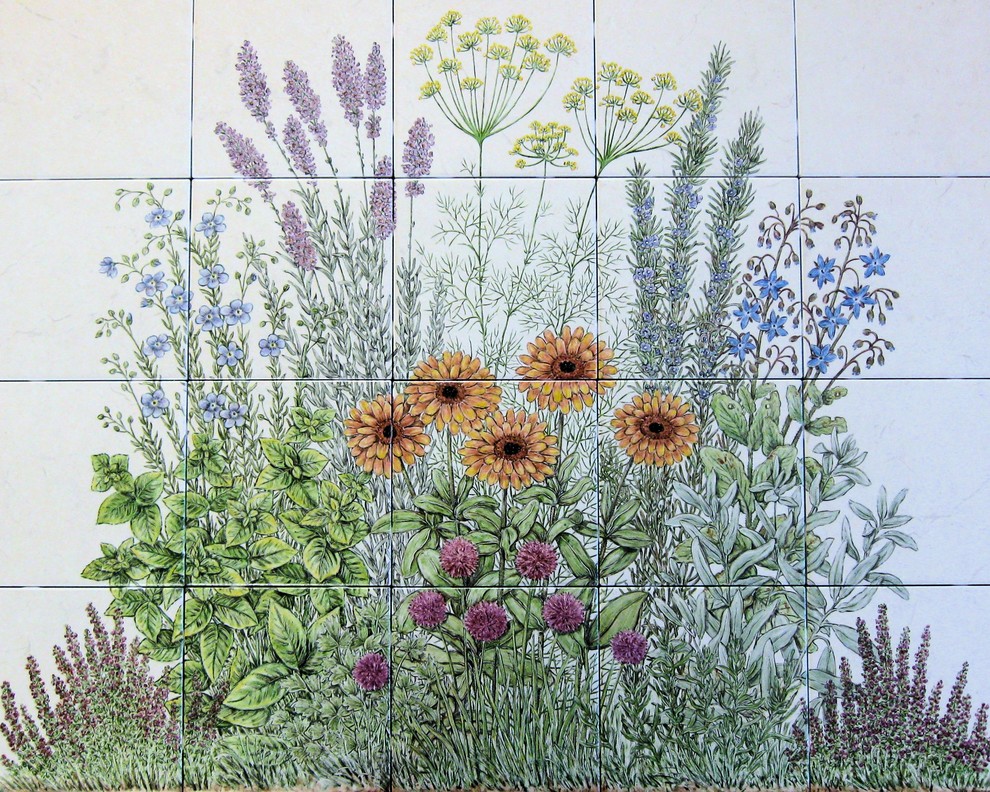 "Flowering Herb Garden" decorative kitchen backsplash tile mural ...
