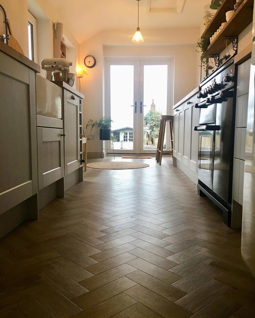 Galley Kitchen Herringbone Floor