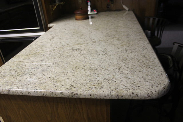 Giallo Ornamental Granite Countertop/Crema Marfil Backsplash - Kitchen ...