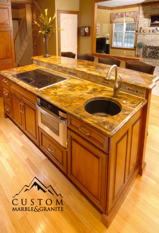 Golden Thunder Granite Island with Black Galaxy Granite Counter Tops ...