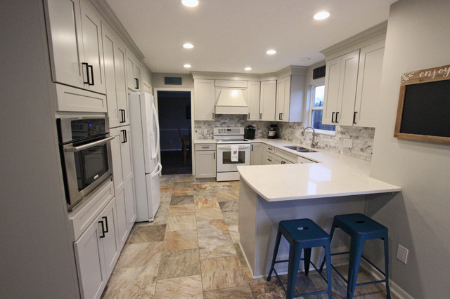 Gray and White Kitchen with Eternia Quartz and Marble Mosaic Backsplash ...