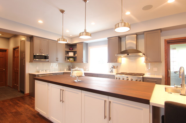 Gray Perimeter Cabinets Surround White Cabinets on Island ...