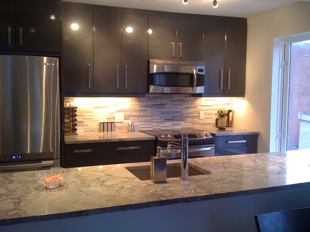 grey kitchen with granite coutertop - Contemporary - Kitchen - New York ...