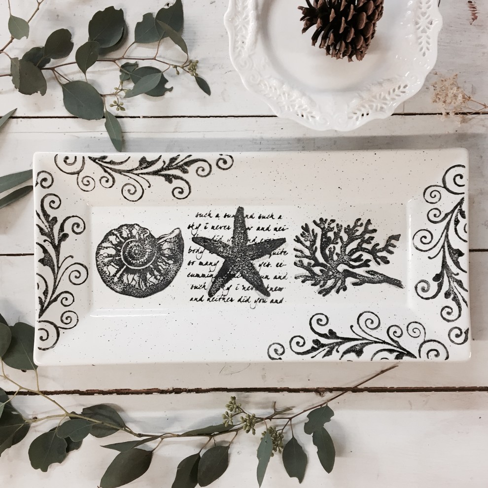 Hand Painted Coastal Rectangle Ceramic Serving Platter - Beach Style ...