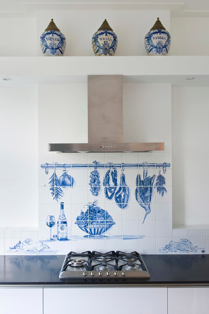Hand painted Delft blue backsplash tile panel - Modern - Kitchen ...