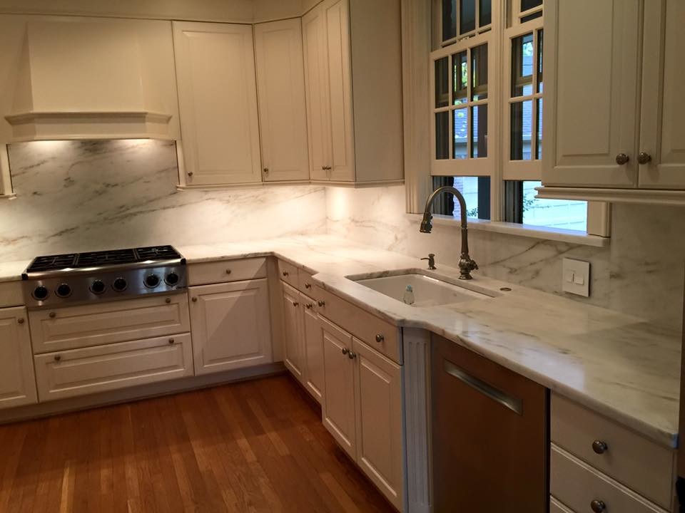 Imperial Danby Marble Kitchen with Full Height Backsplash - Traditional ...