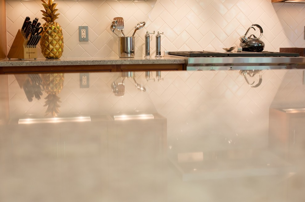 Island modification, columns, Salinas White Granite, Herringbone tile ...