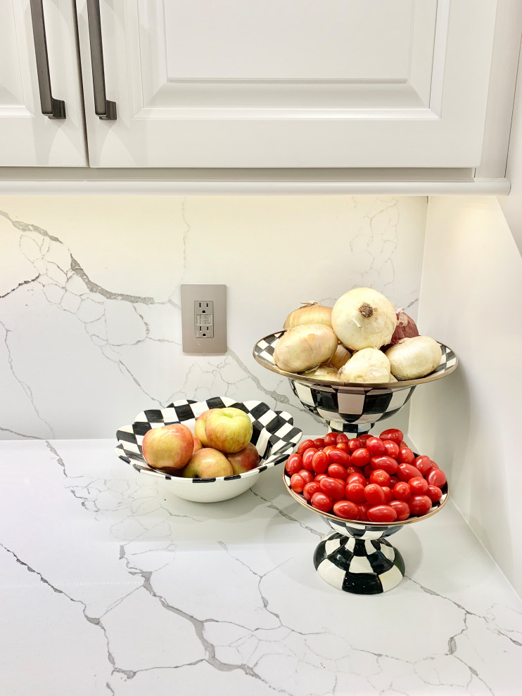 Ivory White Kitchen With Marble Look Quartz Counters and Splash ...