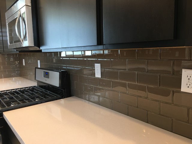 KITCHEN - Backsplash - Brown Glass Subway tile / Counter-to-Ceiling ...