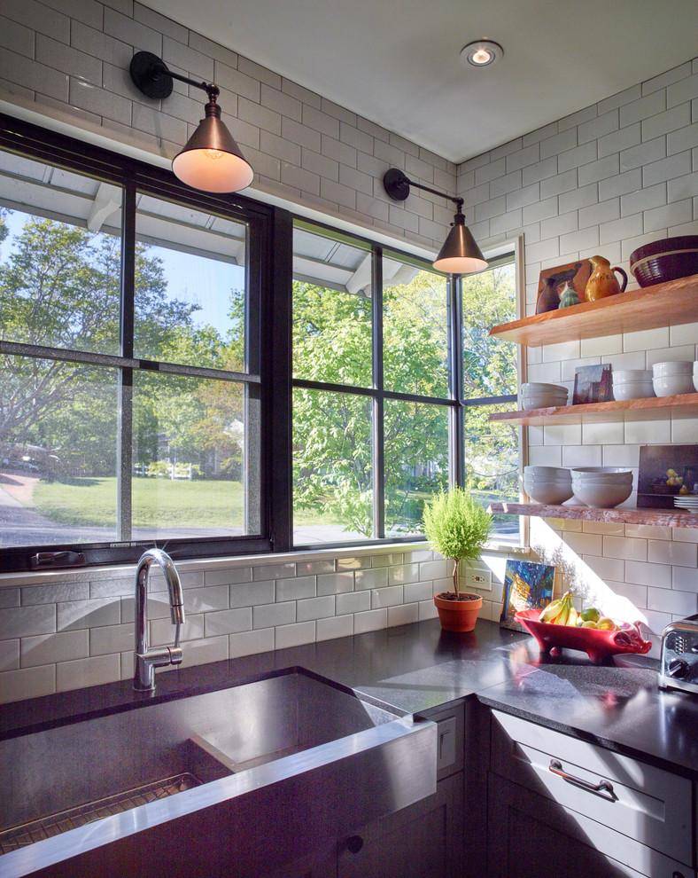 Kitchen corner window and reclaimed pecan live edge shelves ...