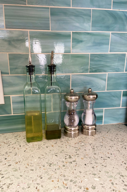 Kitchen countertops featuring Curava recycled glass surfaces in Savaii ...