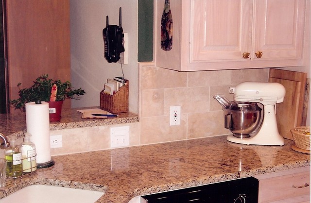 Kitchen - Granite Counter and Travertine Subway Tile - Traditional ...