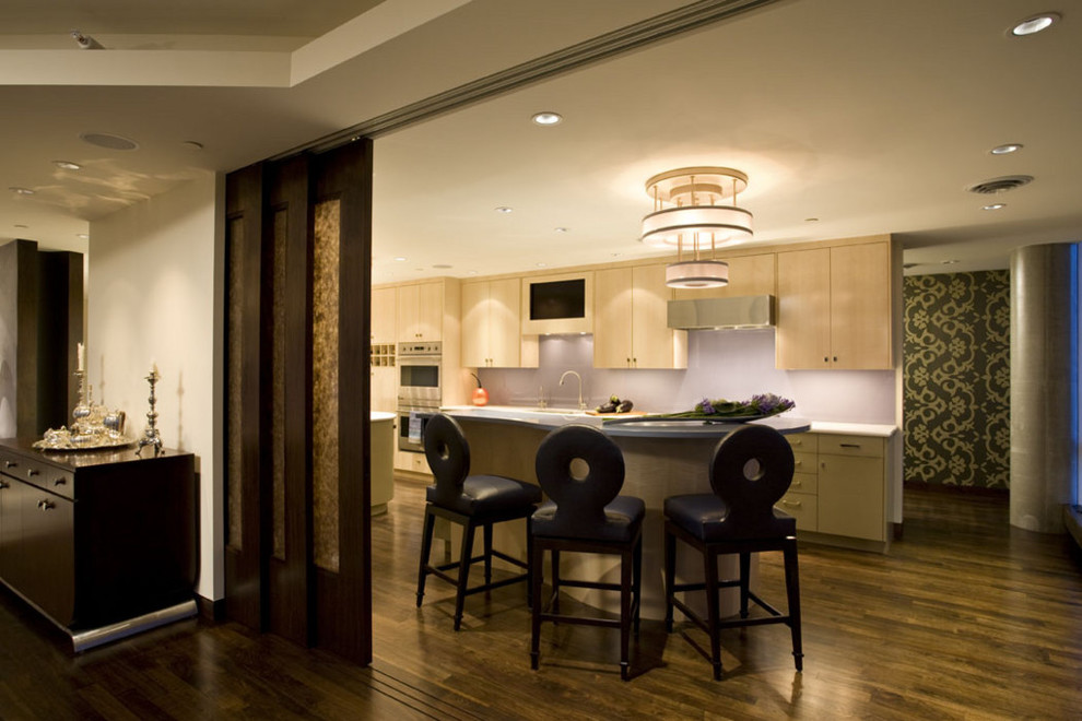 Kitchen island seating area with sliding doors - Modern - Kitchen ...