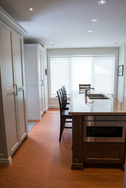 Kitchen Island, Wood Bar Stools, Cork Floor, Shaker Cabinets ...