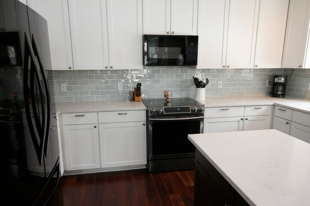 Kitchen Remodel with White Counters, White Cabinets, Subway Tile ...
