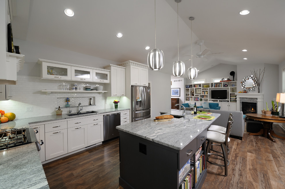 Kitchen view into great room and fireplace - Transitional - Kitchen ...