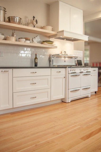 Kitchen with reclaimed wood floating shelves - Transitional - Kitchen ...