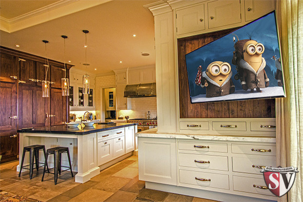 Kitchen with TV on motorized articulating arm - Traditional - Kitchen ...