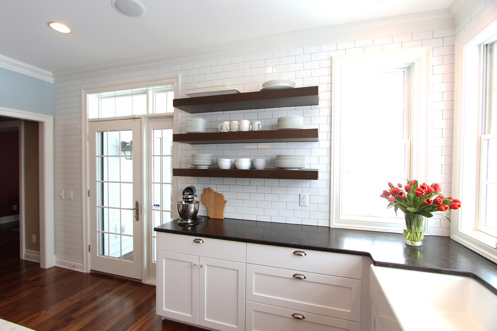 Knotty Alder Floating Shelves with Full Wall of Subway Tile Behind ...