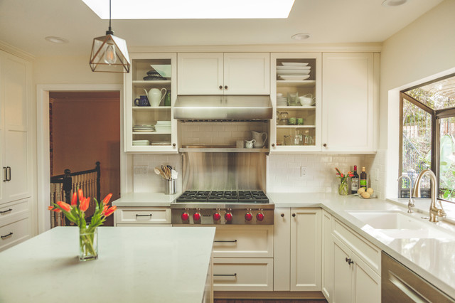 L Shaped Countertop With Island in White Kitchen - Transitional ...