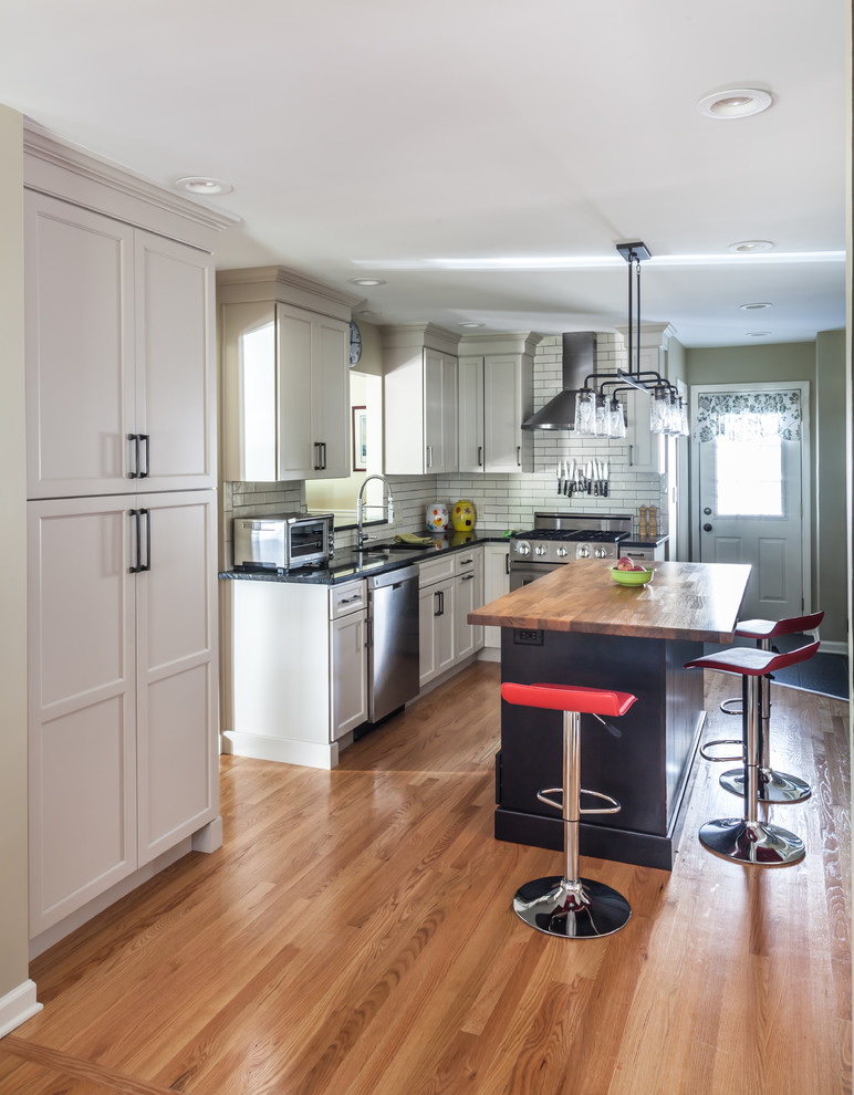L-Shaped Kitchen with Custom Wood Island Counter Top - Transitional ...