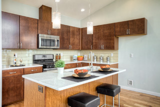 L-Shaped Kitchen with Open Concept Flowing into Dining Room and Living ...
