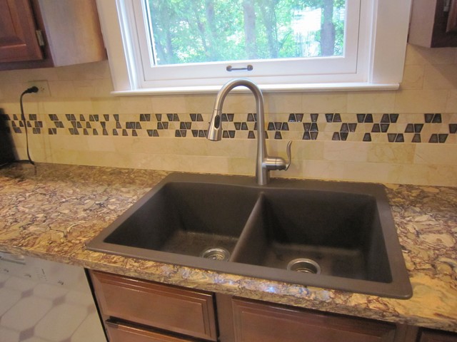 Large Double Sink and Fiery Quartz Countertops - Traditional - Kitchen ...