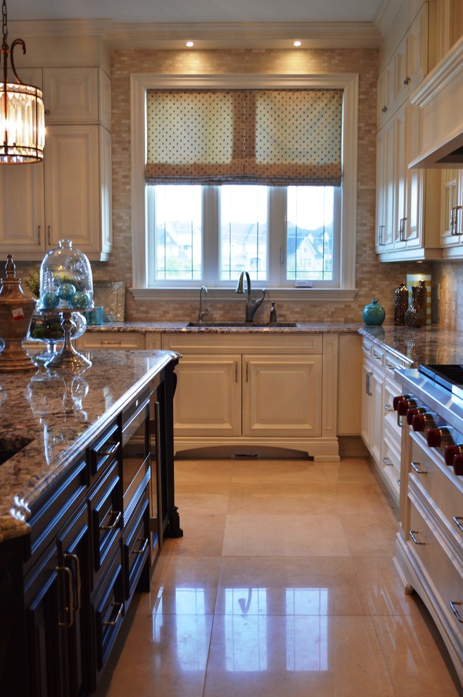 Large format stone flooring and backsplash tile to the ceiling ...