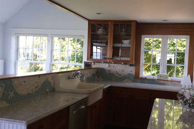 Large Wrap-Around Ocean-Themed Kitchen Backsplash - Coastal - Kitchen ...