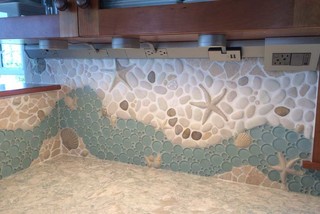 Large Wrap-Around Ocean-Themed Kitchen Backsplash - Beach Style ...