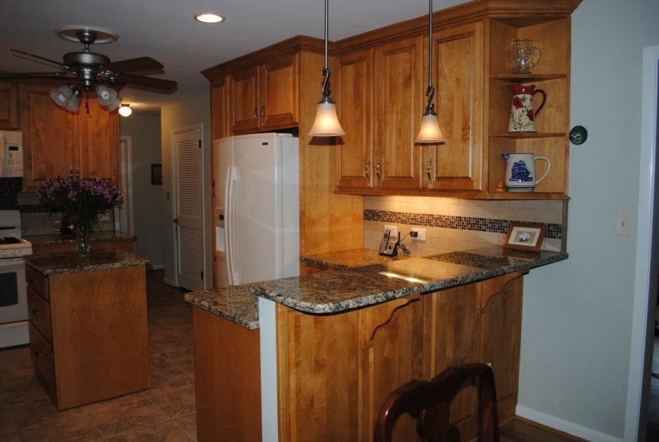 Maple Butterscotch Cabinets, Colorado Buff Honed Subway Tile with Glass ...