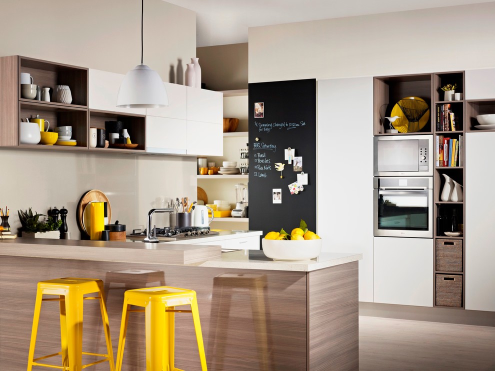 Melteca Cinnamon Ash cabinetry (island and in cubes) and Melteca ...