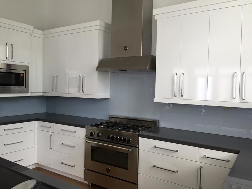 Mild blue backpainted glass backsplash - Modern - Kitchen - Houston ...