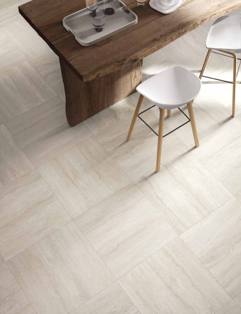 Modern kitchen with light beige marble look porcelain tiles - Modern ...