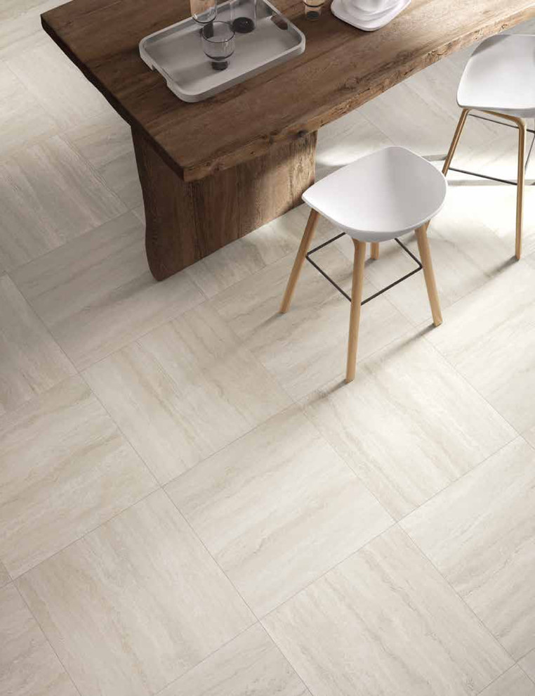 Modern kitchen with light beige marble look porcelain tiles - Modern ...