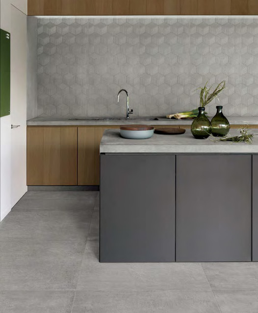 Modern kitchen with lightly textured cement look porcelain tile ...