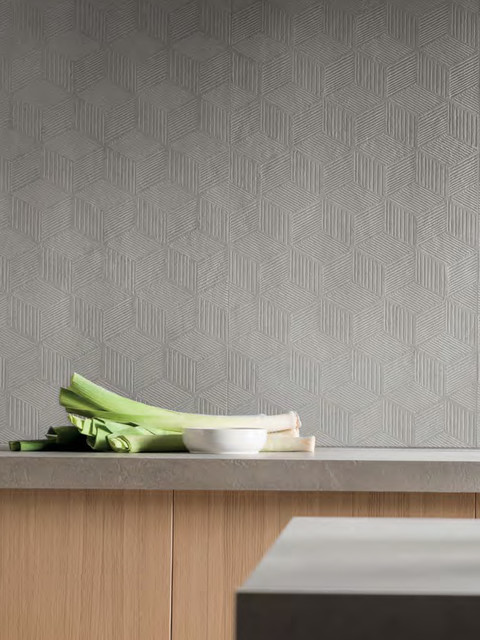 Modern kitchen with lightly textured cement look porcelain tile ...